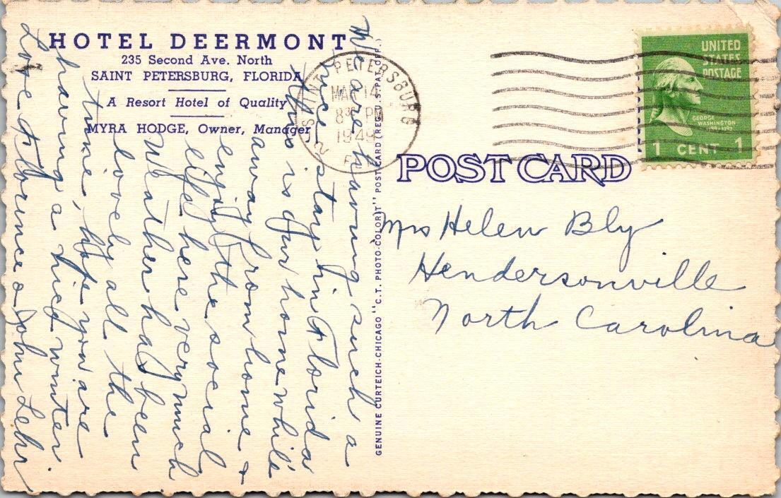 St Petersburg, FL Florida HOTEL DEERMONT~Myra Hodge ROADSIDE 1949 Linen ...