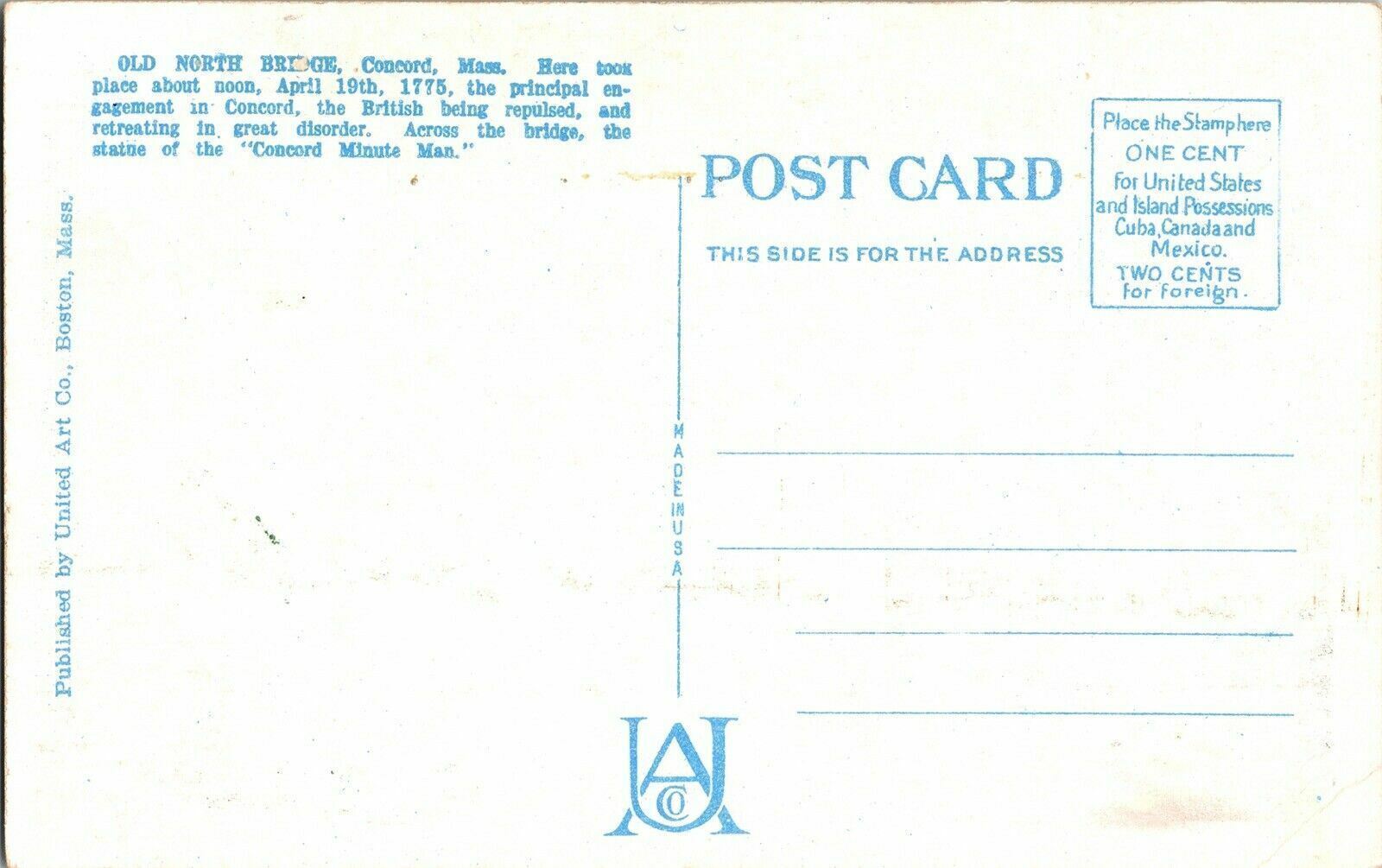 Old North Bridge Concord Mass WB British Minute Man Historic Vintage ...