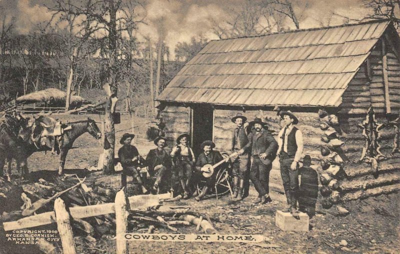 "COWBOYS AT HOME" Banjo, Log Cabin, Horses Arkansas City 1908 Vintage ...