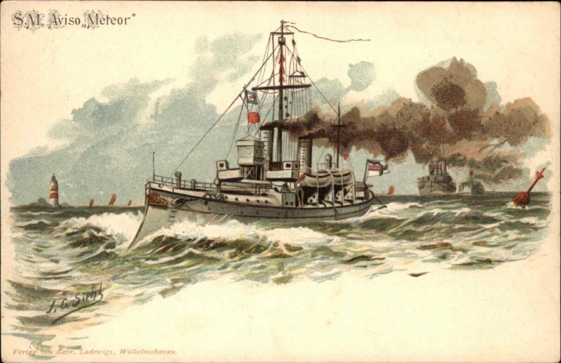 German Navy Naval Ship SM Aviso Meteor c1900 Artist Signed Postcard ...