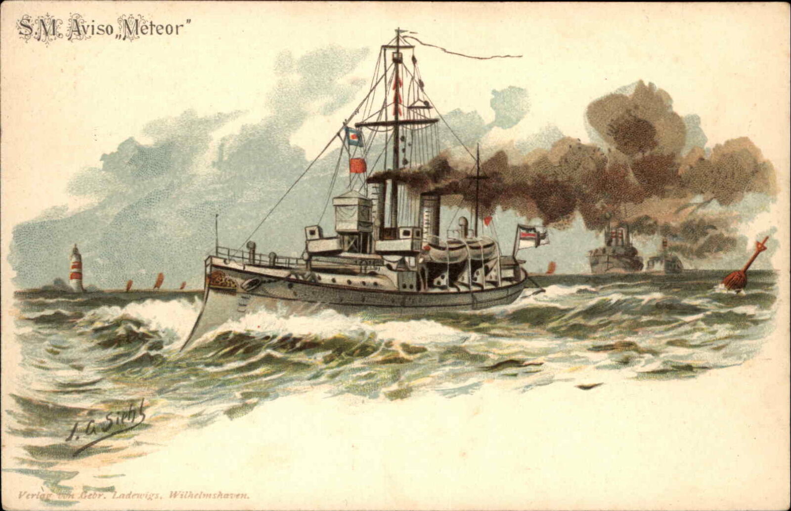 German Navy Naval Ship SM Aviso Meteor c1900 Artist Signed Postcard ...