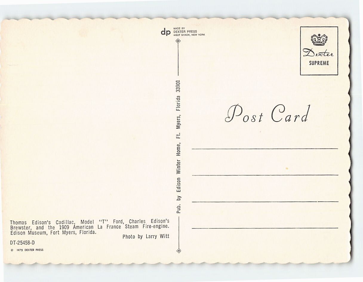 Postcard Cadillac, Model "T" Ford, Brewster & Fire Engine, Fort Myers ...