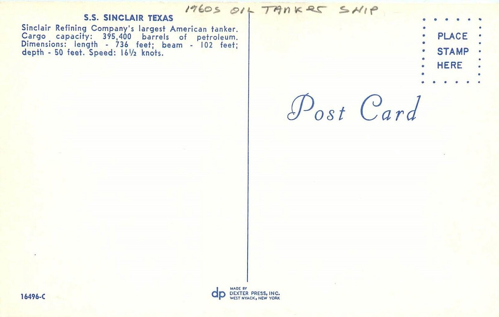 Postcard 1960s S.S. Sinclair Texas Oil Tanker refining Ship Dexter TP24 ...
