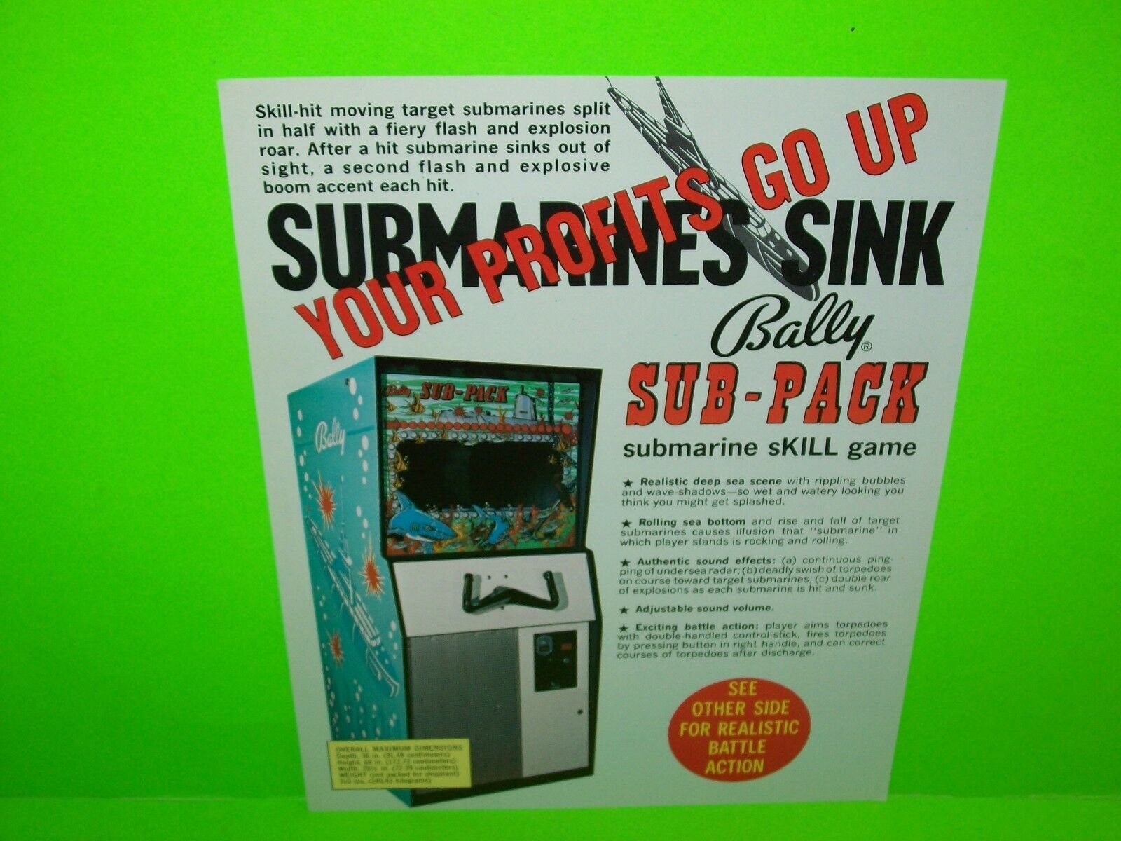 SUB-PACK Original NOS 1973 Retro Arcade Game Flyer Submarines Deep Sea ...