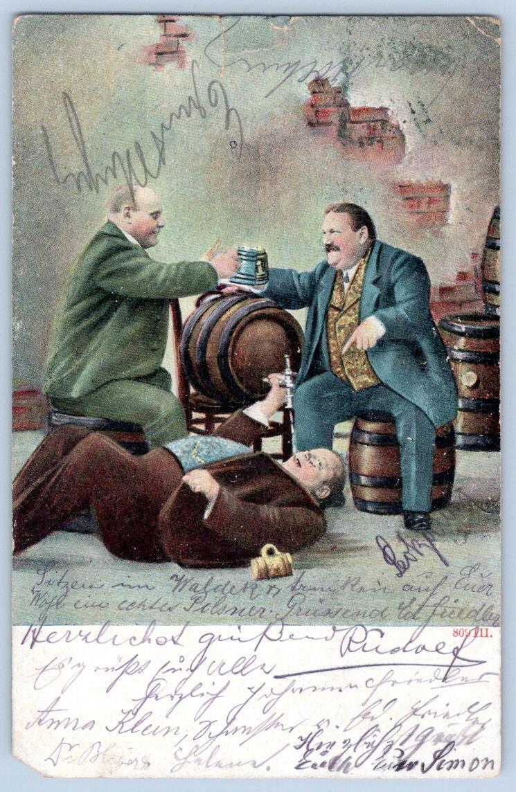 1906 Jolly FAT Drunk MEN Drinking Beer Steins Kegs Antique Postcard ...