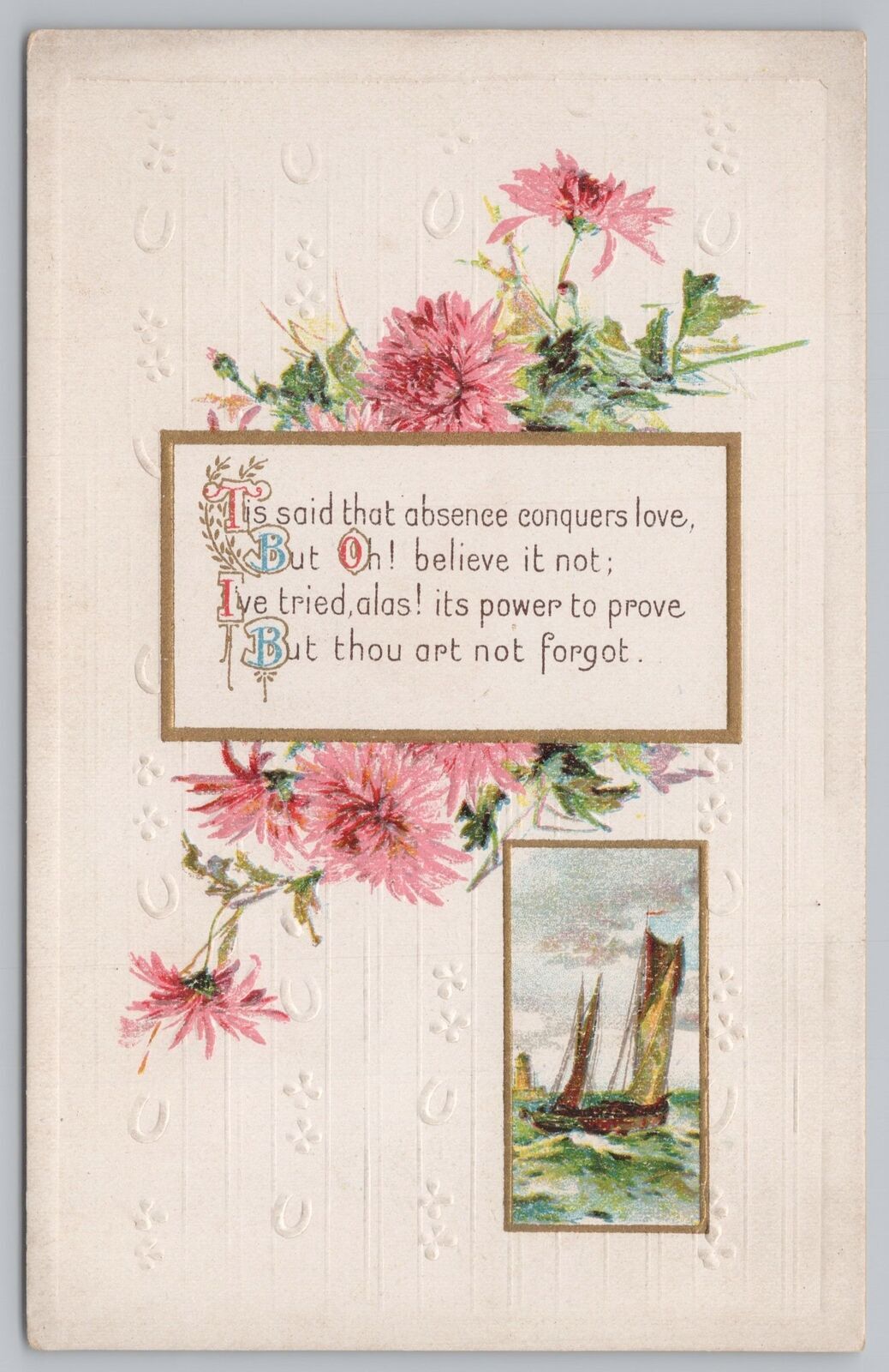 Greetings~Pink Flowers Sailboat & Greeting Poem~Vintage Postcard ...