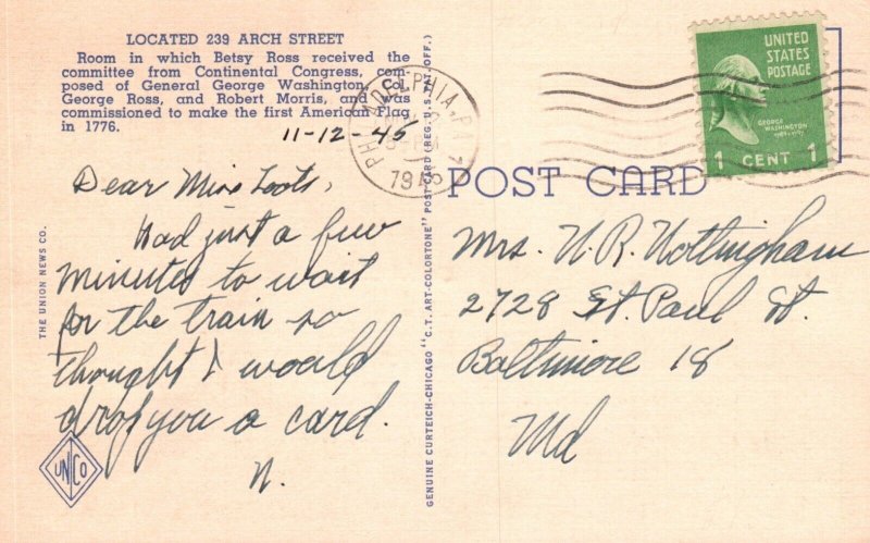 Postcard PA Philadelphia Betsy Ross House Flag Room 1945 Linen Vintage ...