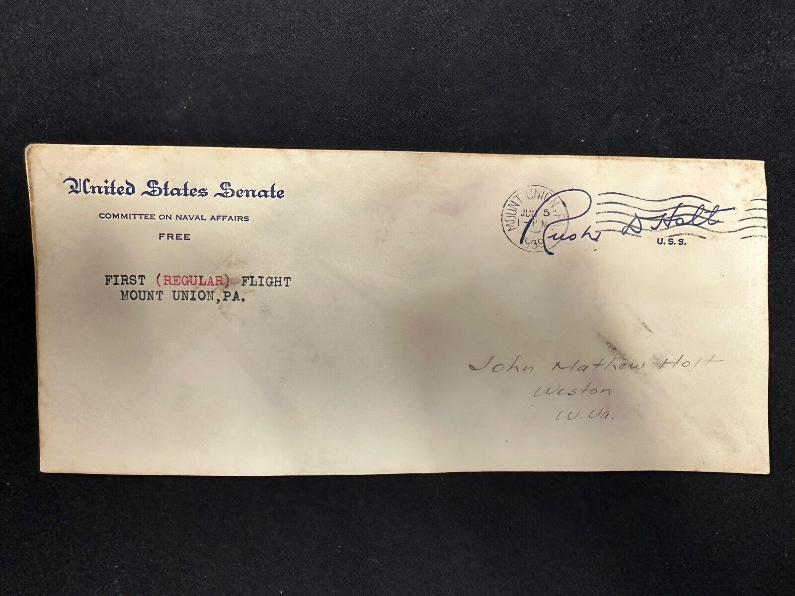 U.S. Senator Rush Holt Original 1939 Historical Envelope AIR Mail West ...