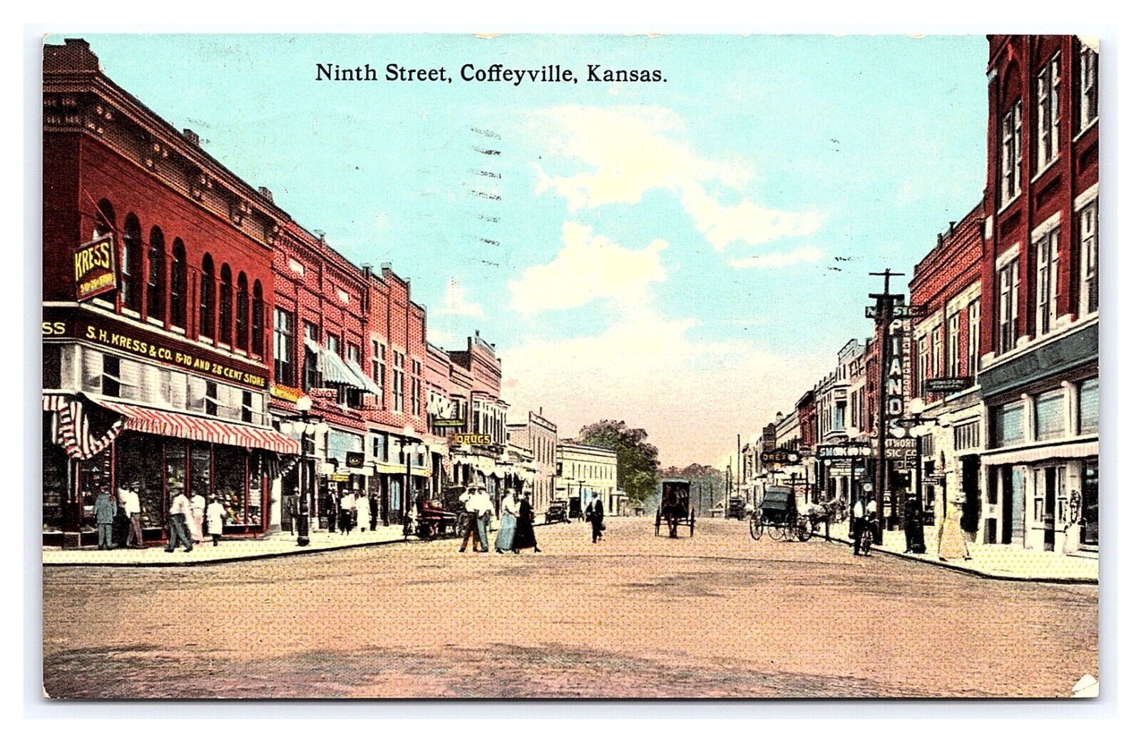 Postcard Ninth Street Coffeyville Kansas c1913 Signs Storefronts Horse ...