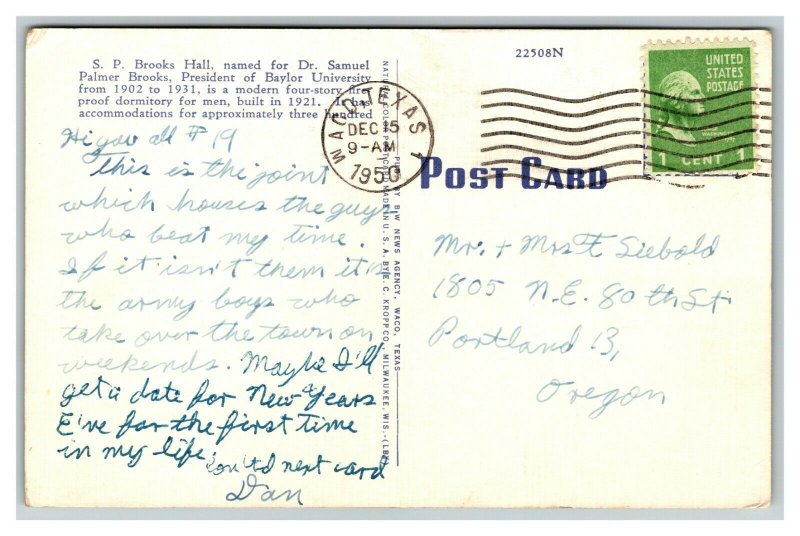 Vintage 1950 Postcard S.P. Brooks Hall Old Main Baylor University Waco ...
