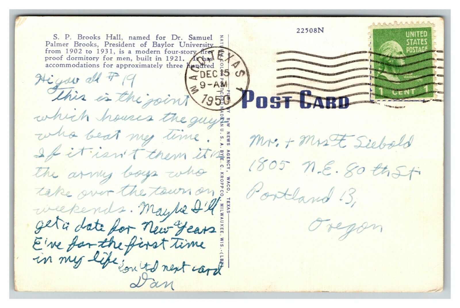 Vintage 1950 Postcard S.P. Brooks Hall Old Main Baylor University Waco ...