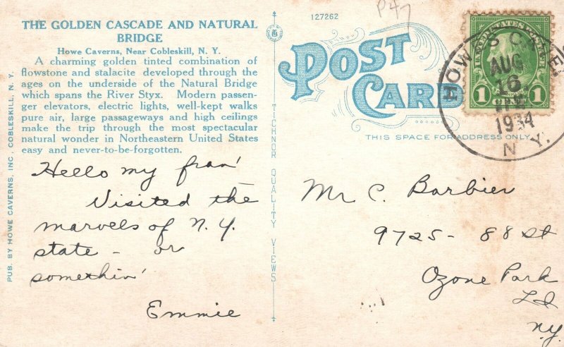 Vintage Postcard 1934 Golden Cascade Natural Bridge Howe Caverns New ...