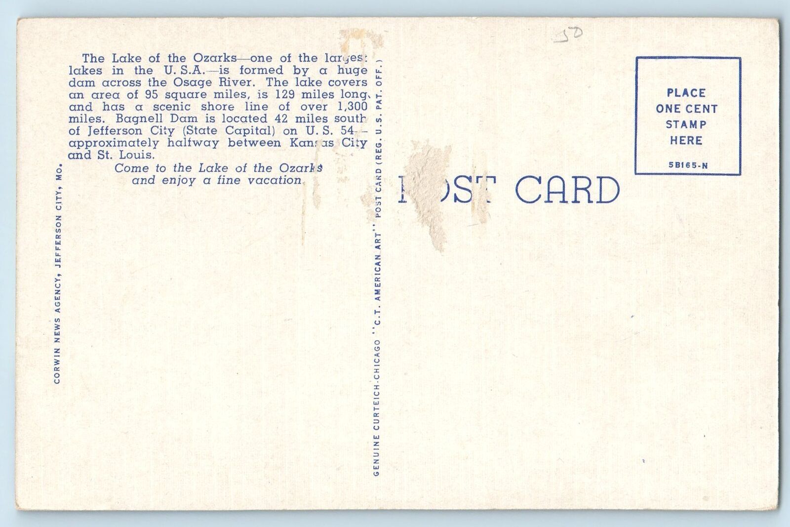 c1940's Lake Of The Ozarks Route Map Showing Dam Springfield Missouri ...