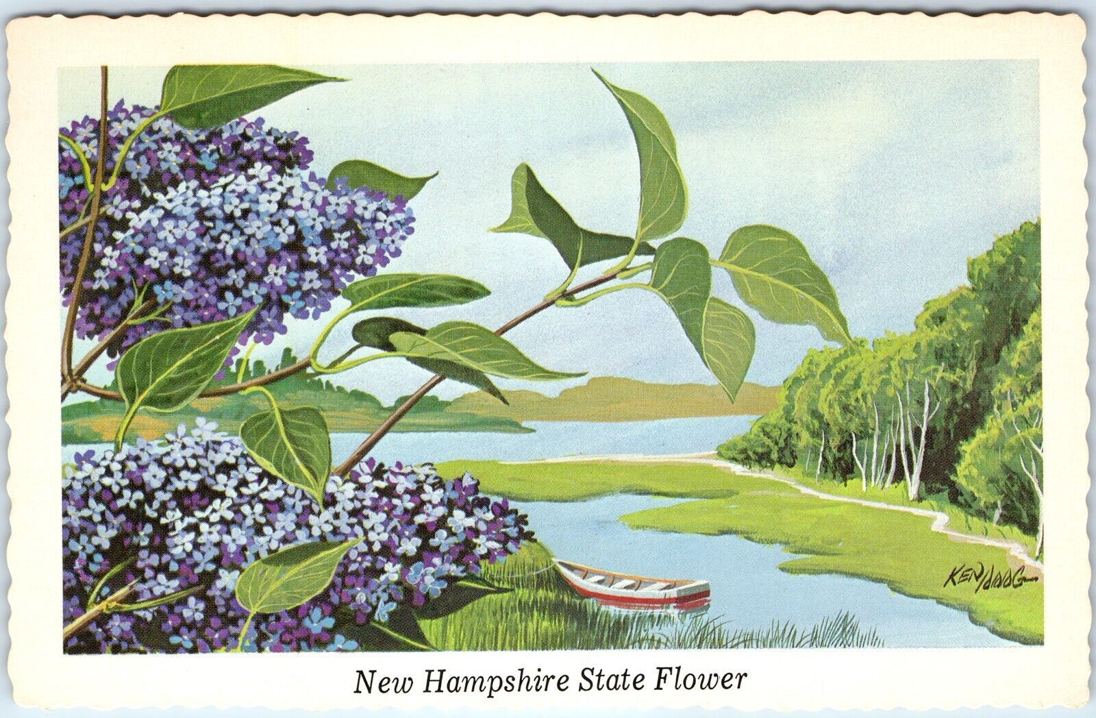 1968 NH New Hampshire Flower Purple Lilac Lake Scene Ken Haag Painting ...