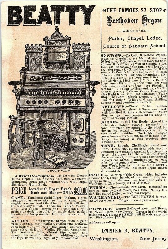 Engraved Beatty's Organs & Pianos Beethoven Organ Horse Victorian Trade ...