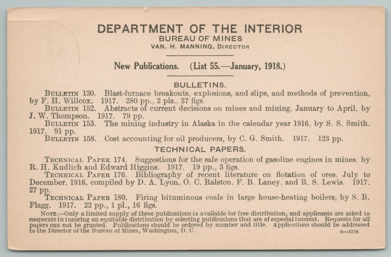 Washington DC~Department of Interior Van H Manning~Bureau of Mines~1918 ...