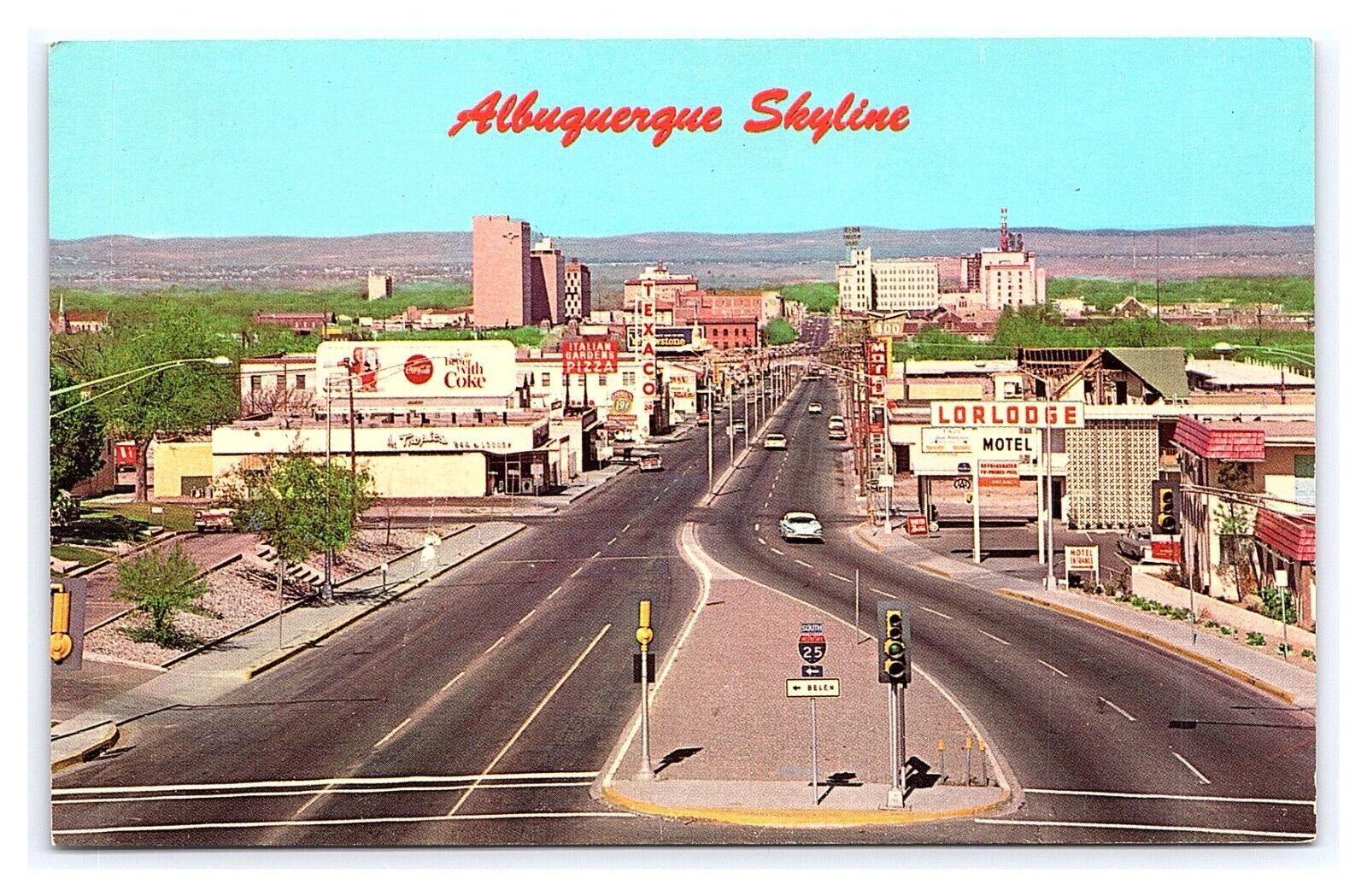 Albuquerque New Mexico Skyline Postcard Old Cars Coca Cola & Texaco ...
