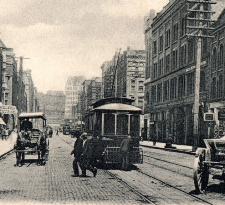 C.1900-07 First Ave. Seattle, WA Trolly Signs Carts Wagons Buildings ...