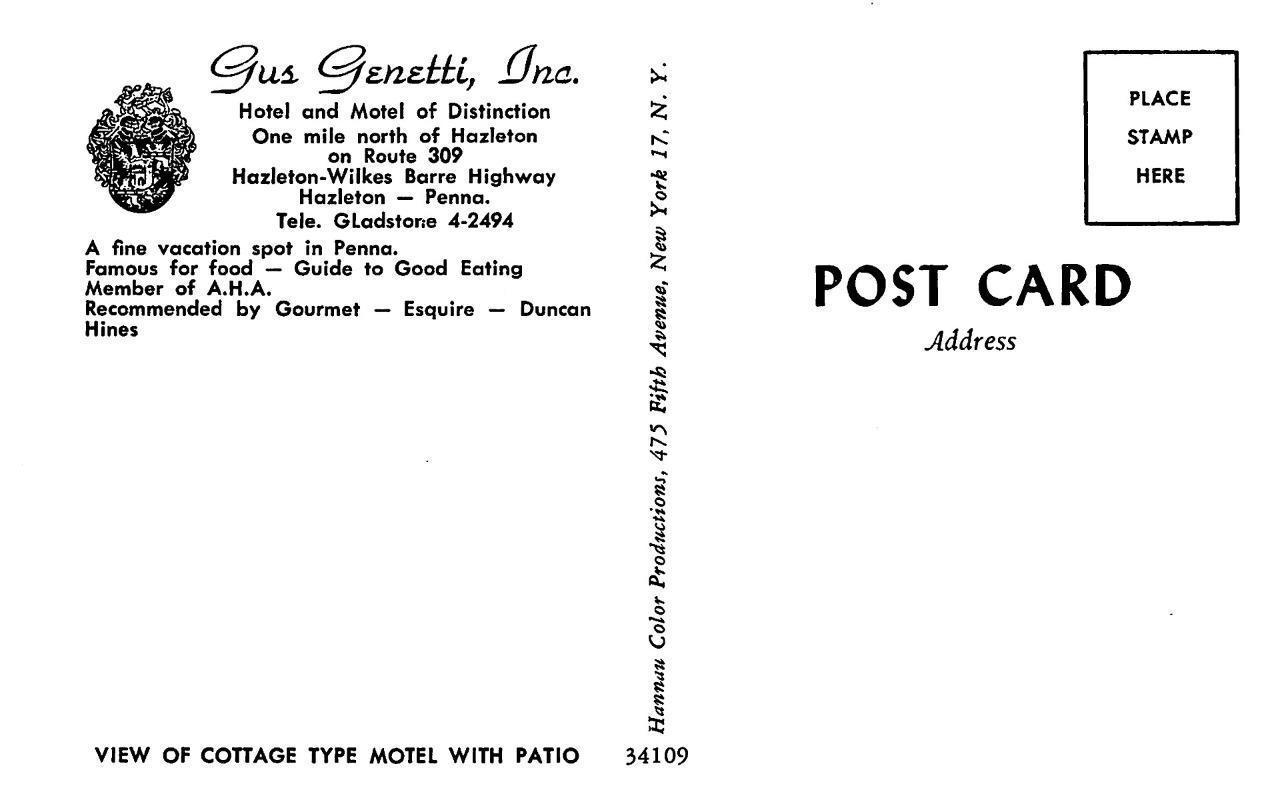 HAZLETON, PA Pennsylvania GUS GENETTI MOTEL Roadside c1950's Chrome ...