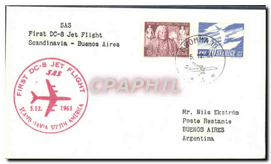 Letter SAS DC8 Jet First Flight Scandinavia Buenos Aires May 12, 1961 ...