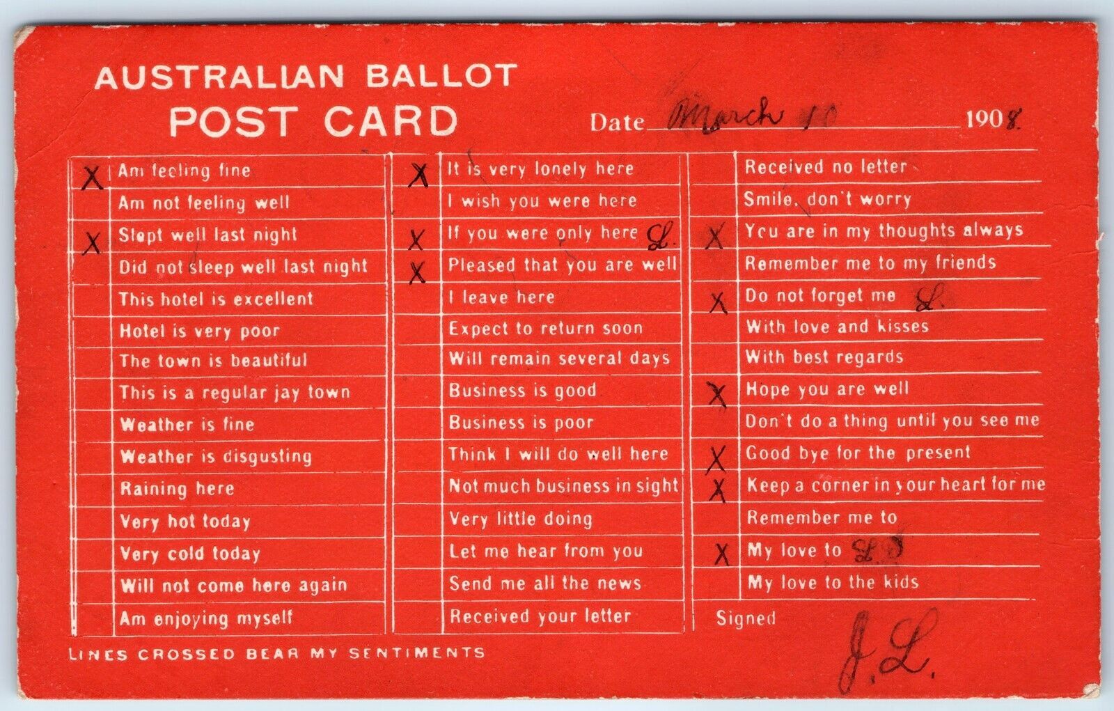 1908 UDB Austalian Ballot Post Card Tourist Checklist Sentiment Check ...