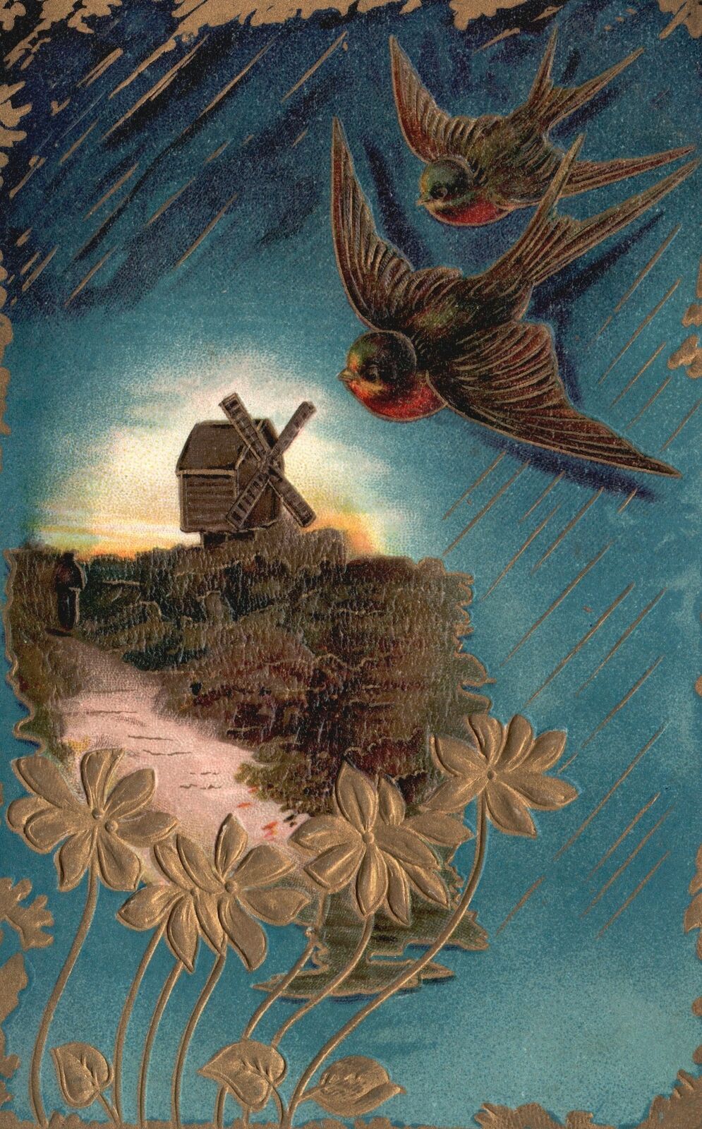 Vintage Postcard 1909 Two Flying Down Birds Countryside Field Windmill ...