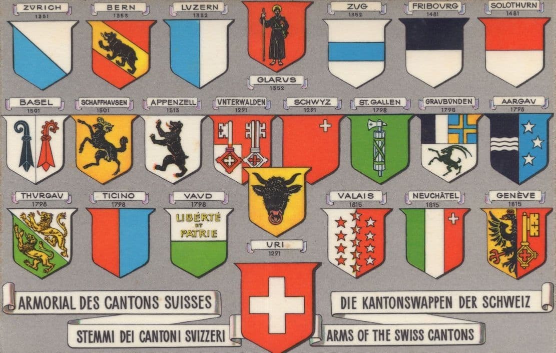 Arms Of The Swiss Cantons Switzerland Shield Rare Postcard | Europe ...