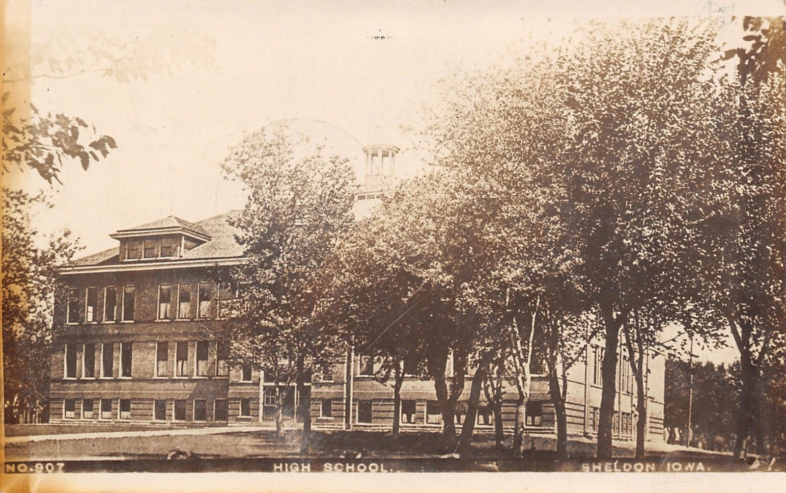 Sheldon Iowa~High School Half-Obscured by Trees~RPPC c1907 Postcard ...