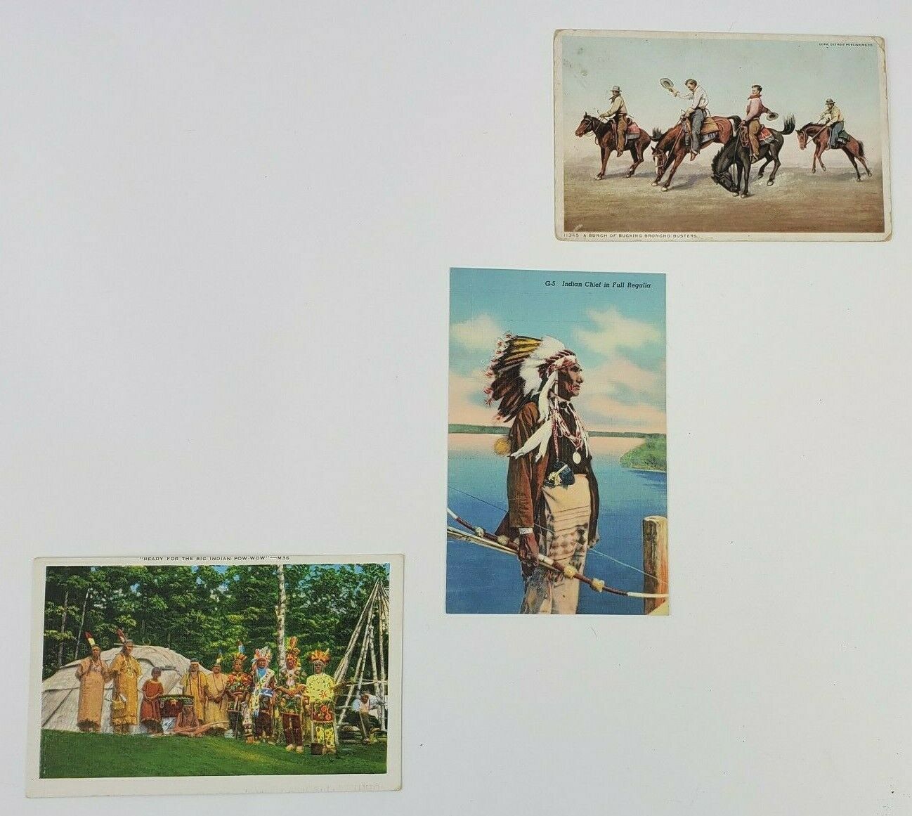 3 Western Postcards - Bucking Broncho Busters, Big Indian Pow Wow ...