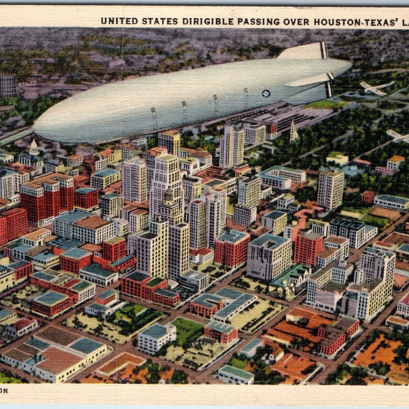 1934 Houston, TX Birds Eye Aerial US Army Dirigible Blimp Aircraft ...