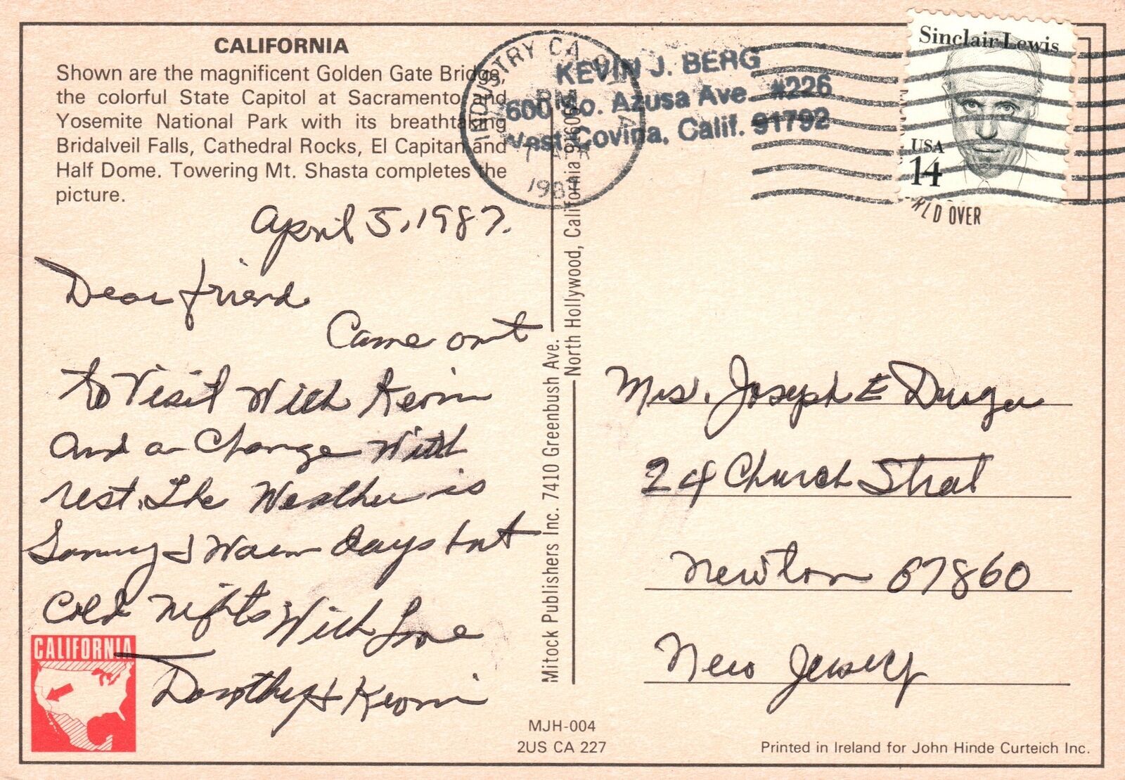 Postcard 1987 Hello From California Golden Gate Bridge State Capitol ...