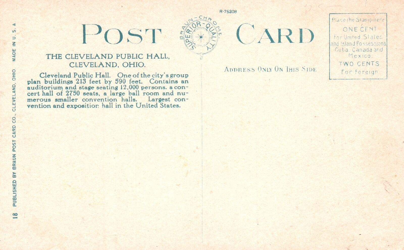 Vintage Postcard Cleveland Public Hall Building Auditorium Cleveland ...