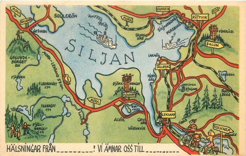 Sweden 1950s Map Attractions Leksand Postcard 22-8990 | Europe - Sweden ...