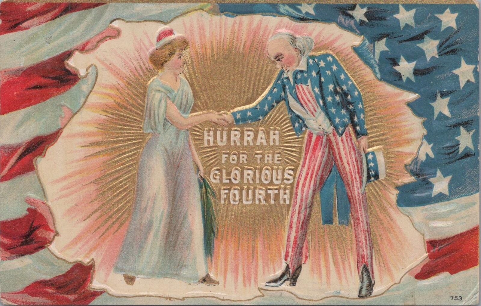 Patriotic Postcard Fourth of July Uncle Sam Shaking Hands Lady Liberty ...