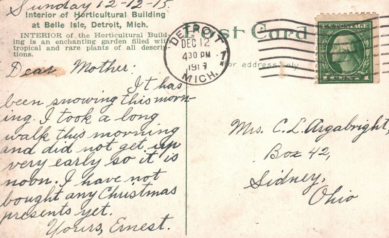 Vintage Postcard 1917 Interior Corgi Cultural Building At Belle Isle ...