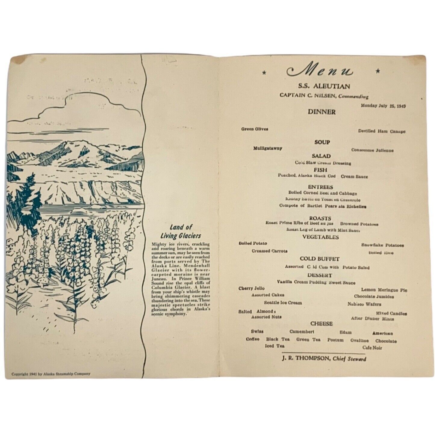 1949 Alaska Steamship Line S.S. Aleutian Lunch Menu - Siberian Husky ...
