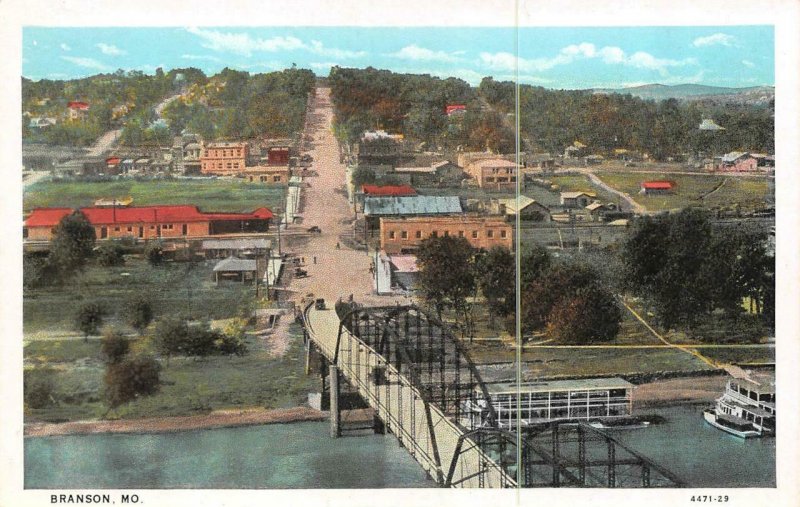 BRANSON, Missouri MO STREET SCENE~BRIDGE~RIVERBOAT Bird's Eye c1920's ...