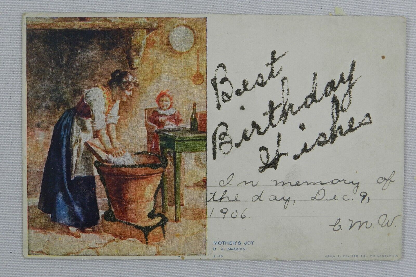 Woman Hand Washing Clothes with Child, Best Birthday Wishes - Vintage ...