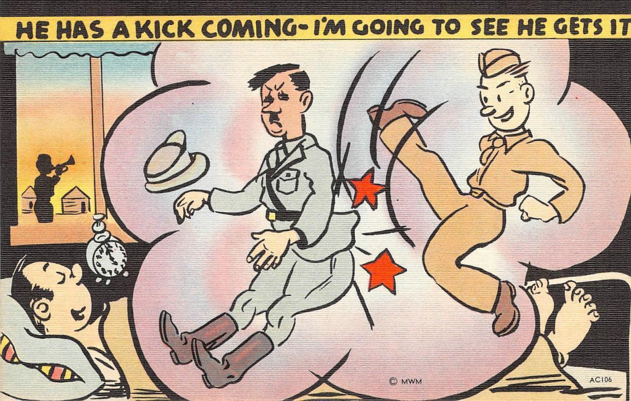 Army Soldier Dreaming About Kicking Hitler WWII Military Comic Postcard ...