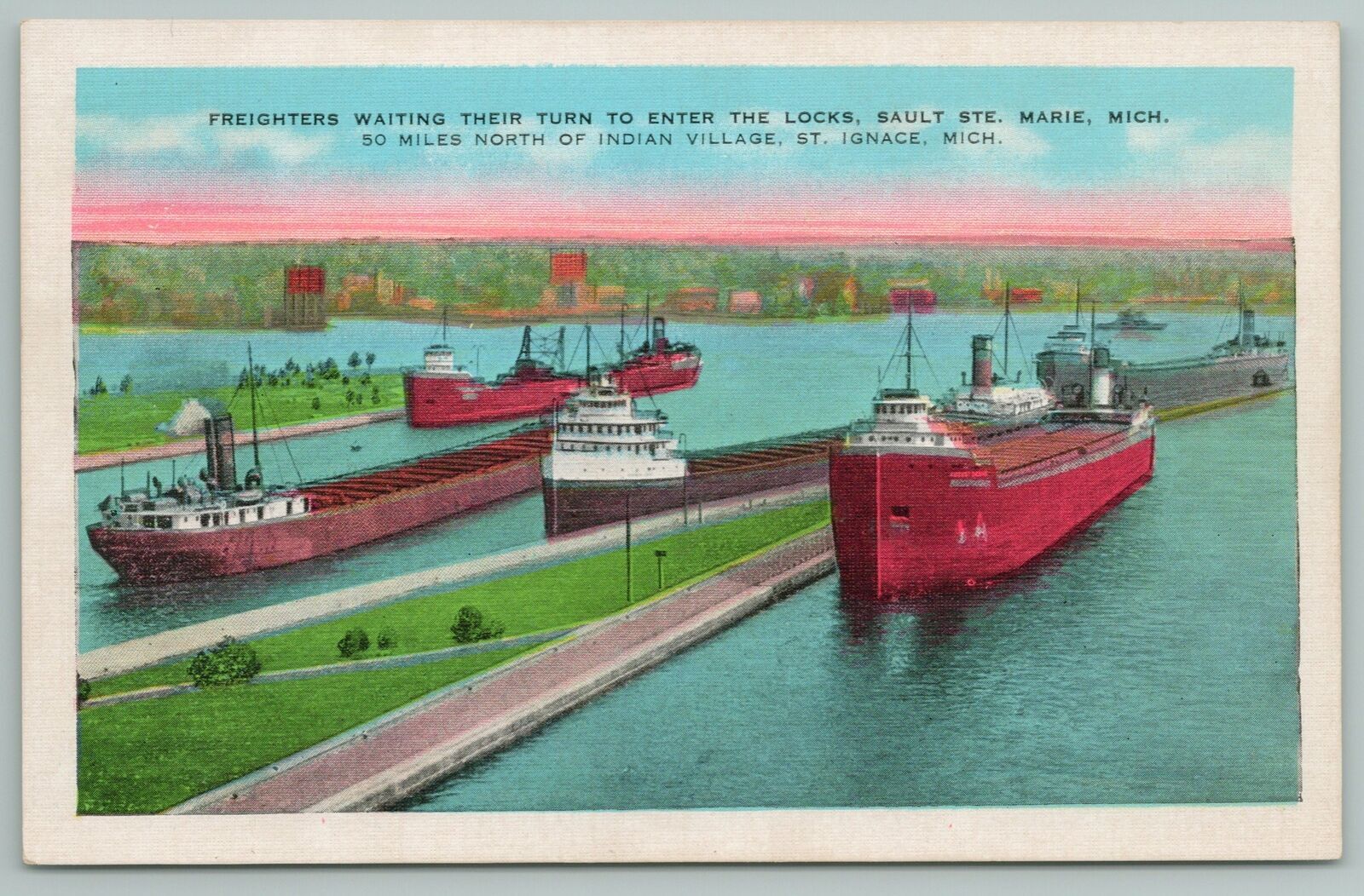 St Ignace Michigan~Freighters Turning To Enter Locks~Vintage Postcard ...