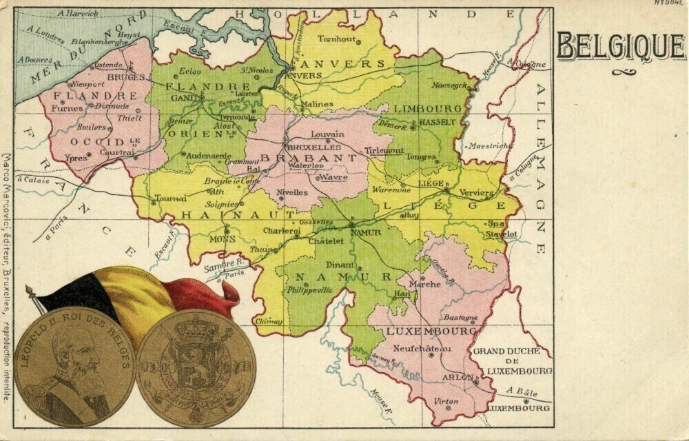 belgium, Map Postcard Belgian Provinces, King Leopold II, National Flag ...
