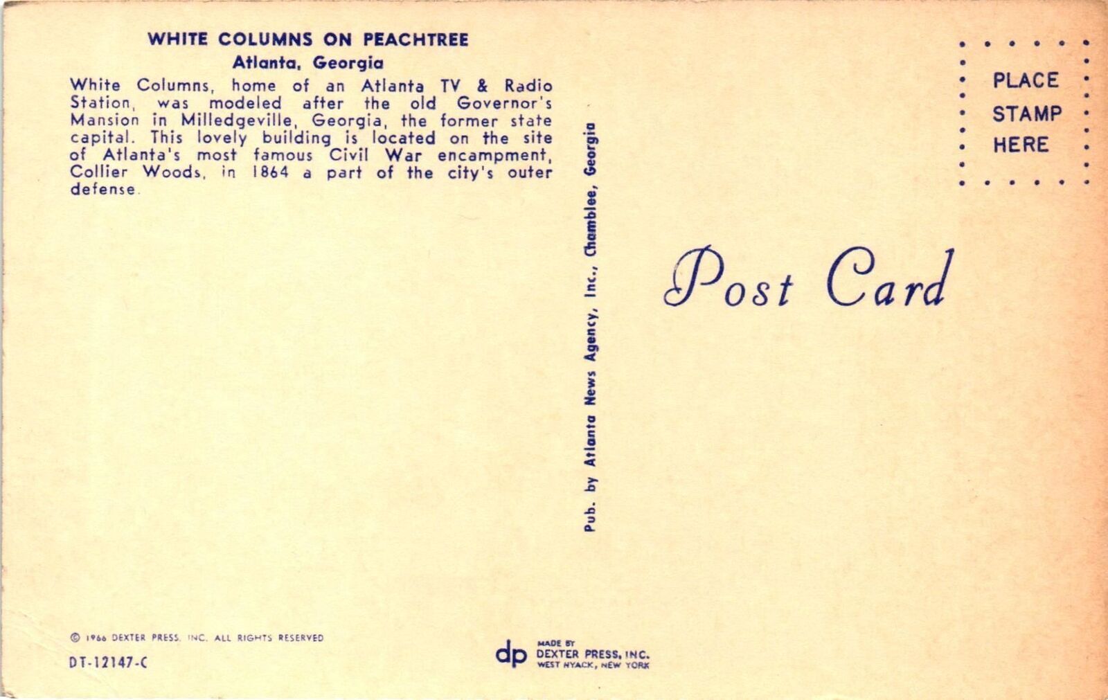 Vintage Postcard- White Columns on Peachtree, Atlanta, GA. 1960s ...