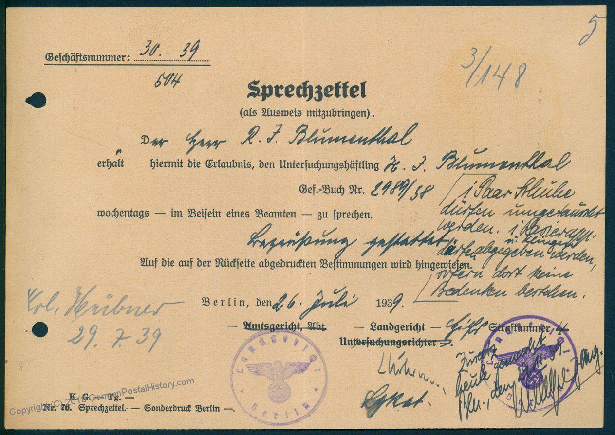Germany 1939 Jewish Prisoner Berlin Moabit Plotzensee Prison Documents ...