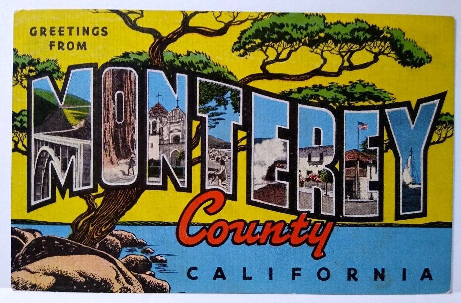 Greetings From Monterey California Large Letter Linen Postcard Lake ...