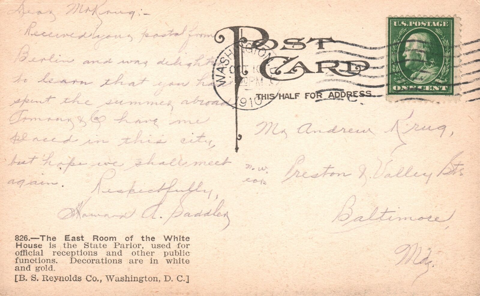 Vintage Postcard 1910 East Room of White House Home of President United ...