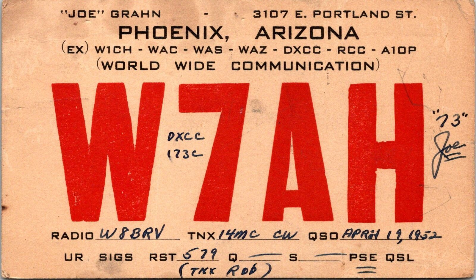 Vintage Postcard HAM Radio Calling Card W7Ah From Phoenix Arizona 1952 ...