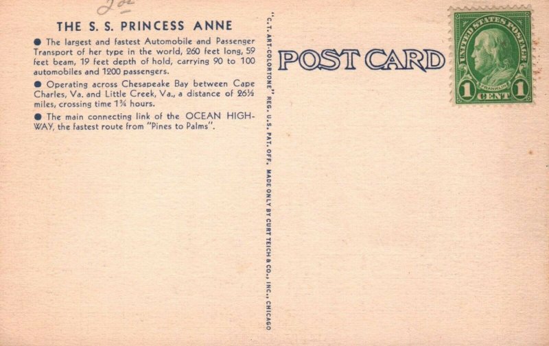 SS Princess Anne Steam Ship Linen Vintage Postcard | Other / Unsorted ...