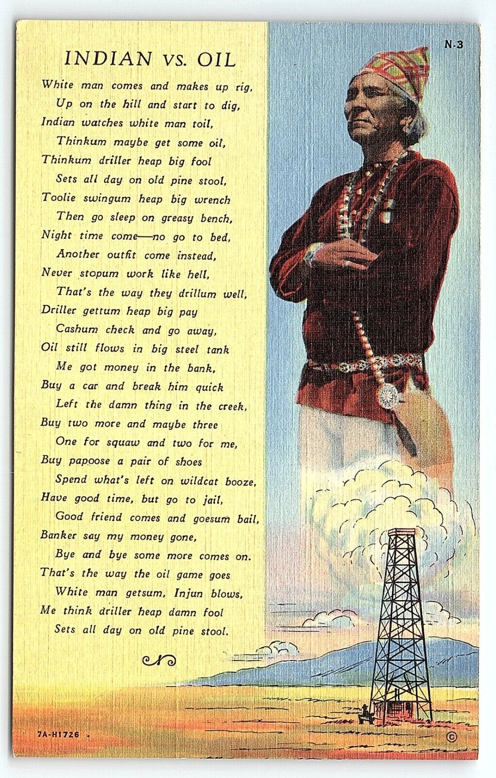 1937 Indian VS OIL Poem OIL Well CT ART Linen Unposted Postcard P3134 ...