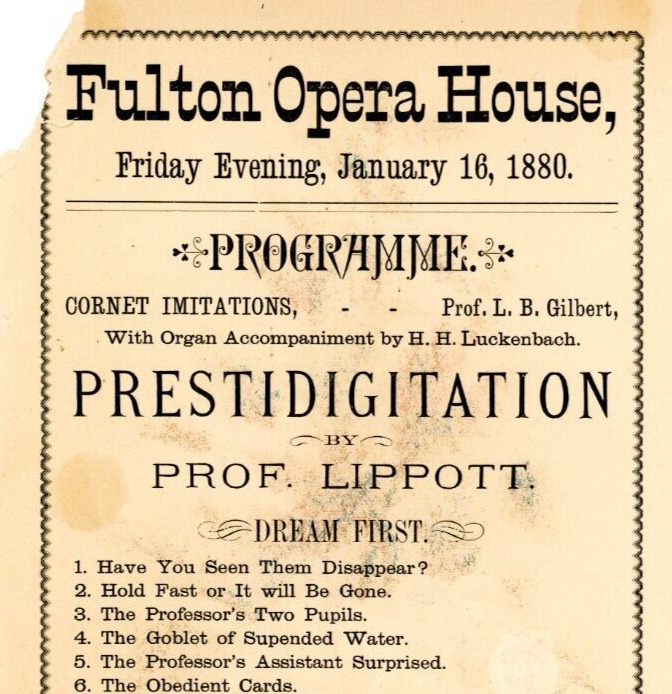 1880 Fulton Opera House Prestidigitation Magician Show Prof. Lippott #2 ...