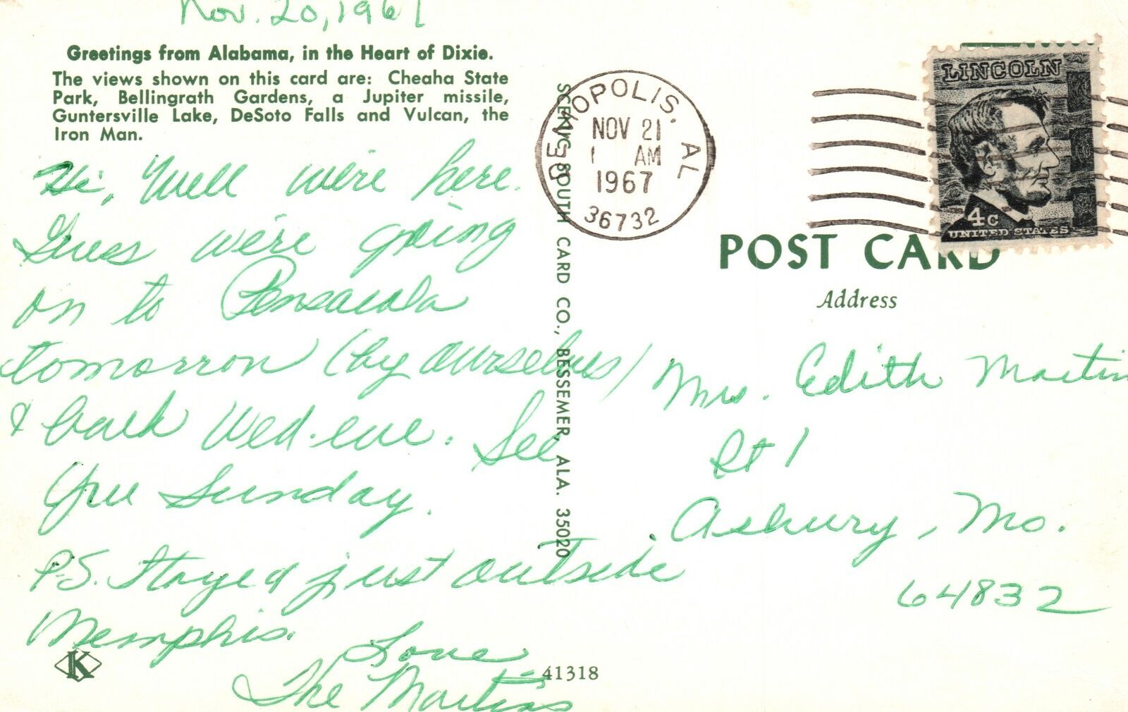 Vintage Postcard 1967 Greetings From Alabama in the Heart of Dixie ...